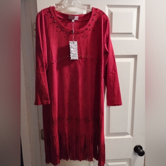 Pretty Angel | Dresses | Nwt Pretty Angel Faux Suede Red Fringe Dress ...